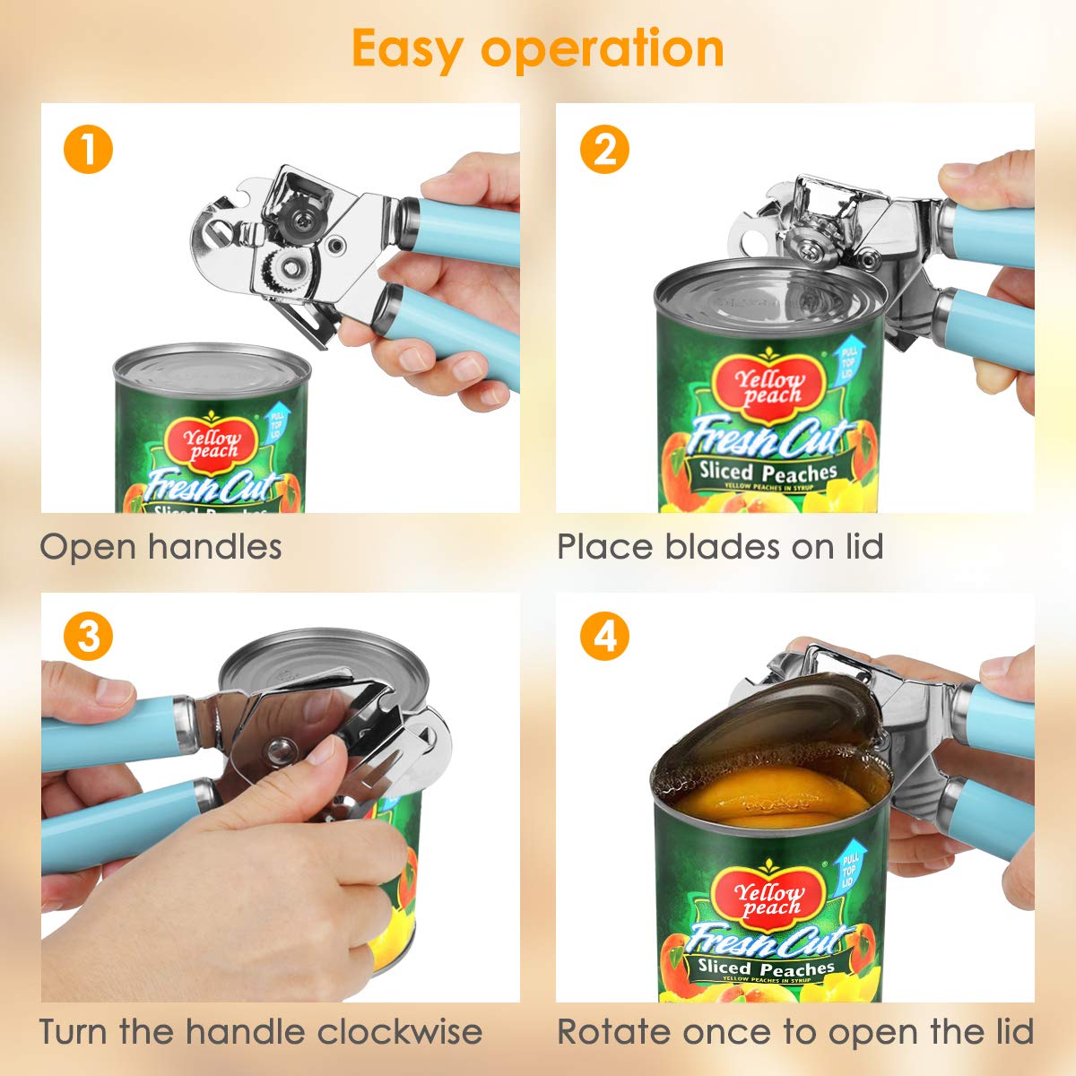Manual Can Opener, FlyBanboo Upgraded 4 in 1 Multifunction Stainless Steel Heavy Duty Handheld Can Openers with Comfy Grip(sky blue)