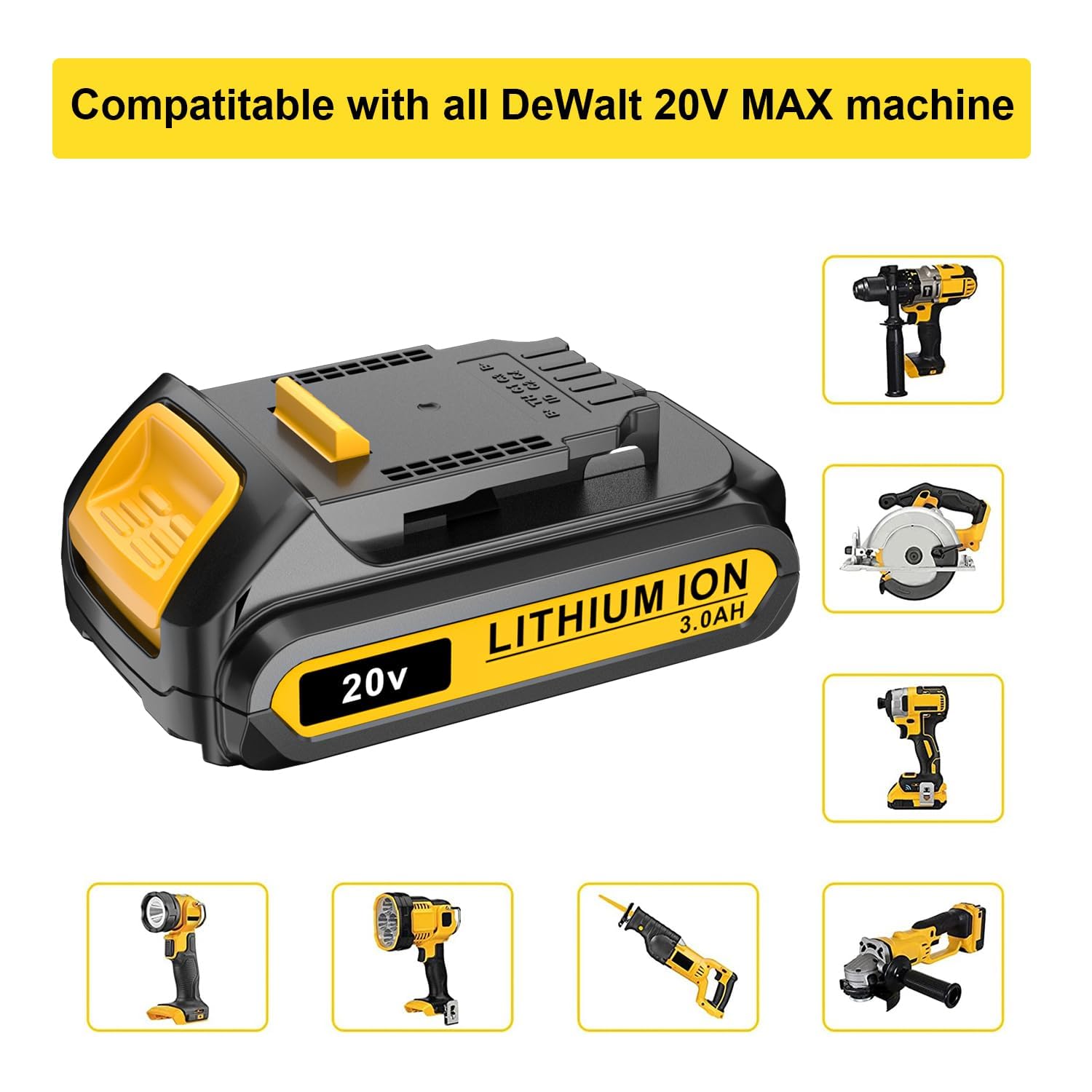 Simple Plus+ 2Packs 20V 3.0Ah Replacement Battery for Dewalt 20V Compatible with Dewalt DCB200 DCD DCF DCG Series Cordless Power Tools
