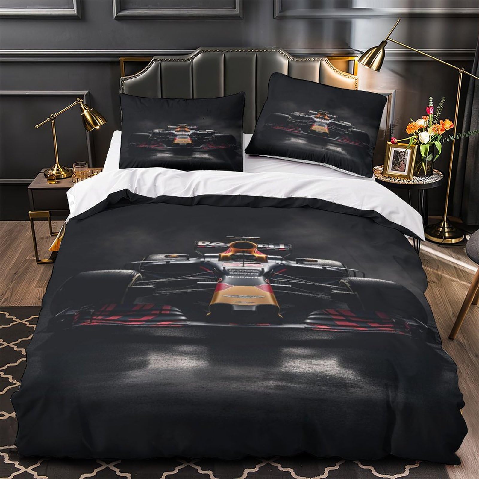 NOLLAM Formula-Racing Racing Breathable Comforter Cover Hidden Zipper Contests Duvet Cover Set with Pillowcases Bedding Set Soft Microfiber Quilt Cover Set for Various Sizes Queens(228x228cm)