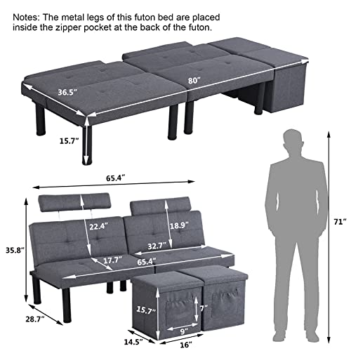 VUYUYU Convertible Futon Sofa Bed with Two Storage Ottoman/Coffee Table, Folding Loveseat Sleeper, Small Futon Couch for Compact Living Space, Apartment, Dorm, Bedroom, 3 Angles/Metal Legs