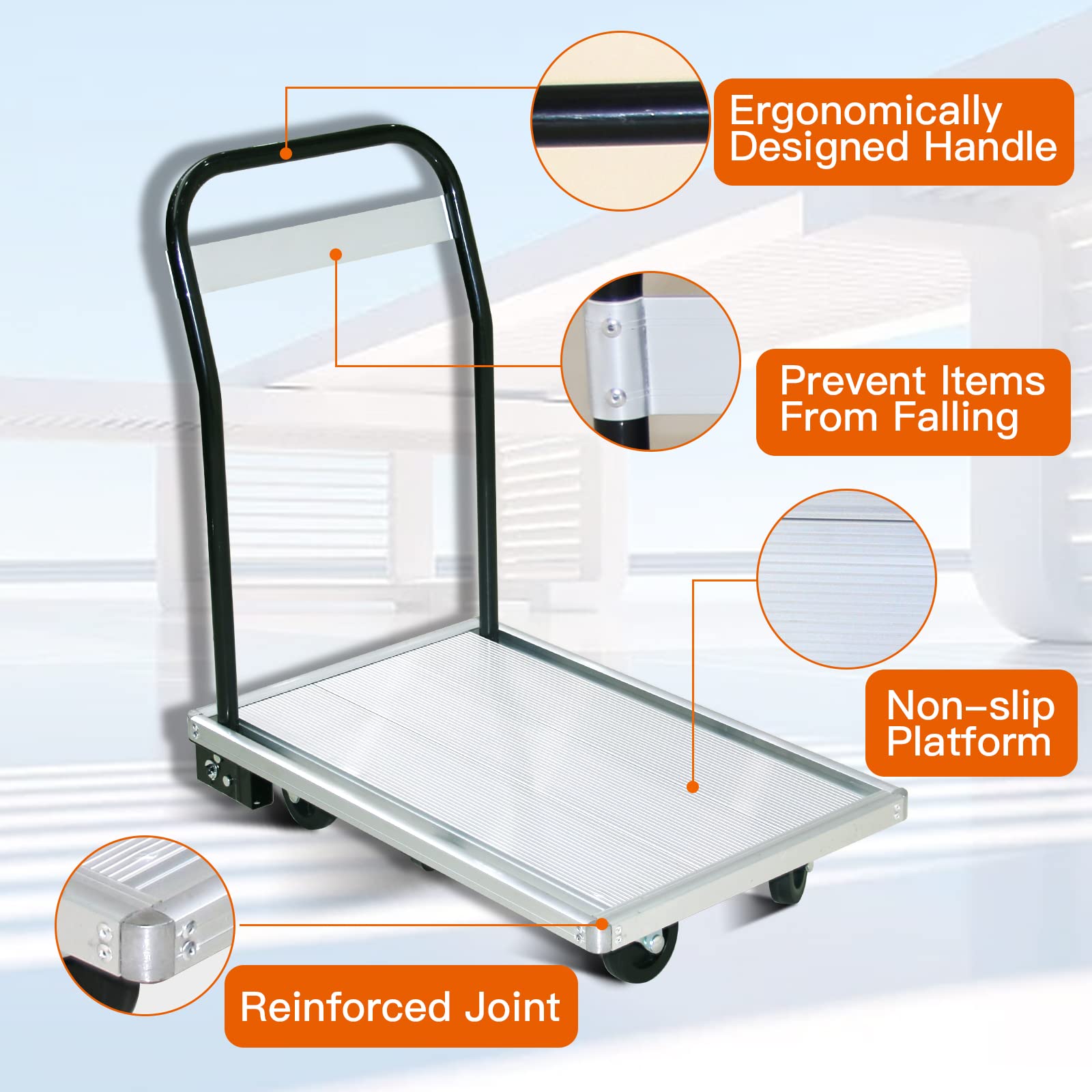 LMKOPUER Aluminum Platform Truck, Folding Moving Carts, Foldable Platform Cart Push Dolly, 440 Lbs Moving Platform Dolly Push Cart, Foldable for Easy Storage and 360 Degree Swivel Wheels
