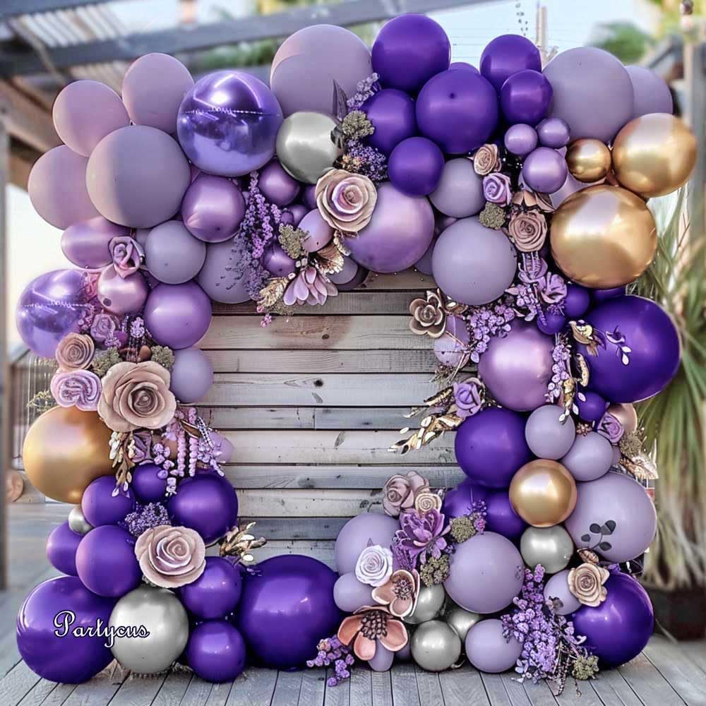 Purple Gold Balloon Arch Kit Double Stuffed Dark Purple Dusty Light Lavender Silver Balloon Garland with 18inch Foil Lilac Balloons for Birthday Baby Shower Bridal Wedding Party Decoration