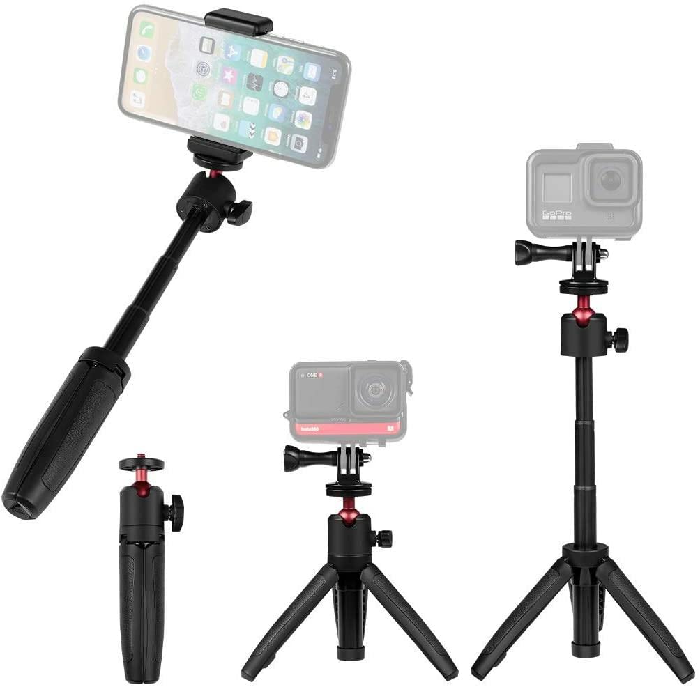 Extendable Mini Selfie Stick Tripod 2 in 1, Compatible with GoPro Max Hero AKASO Action Camera, Portable Handle Vlog Tripod for All Action Cameras and Smart Phone