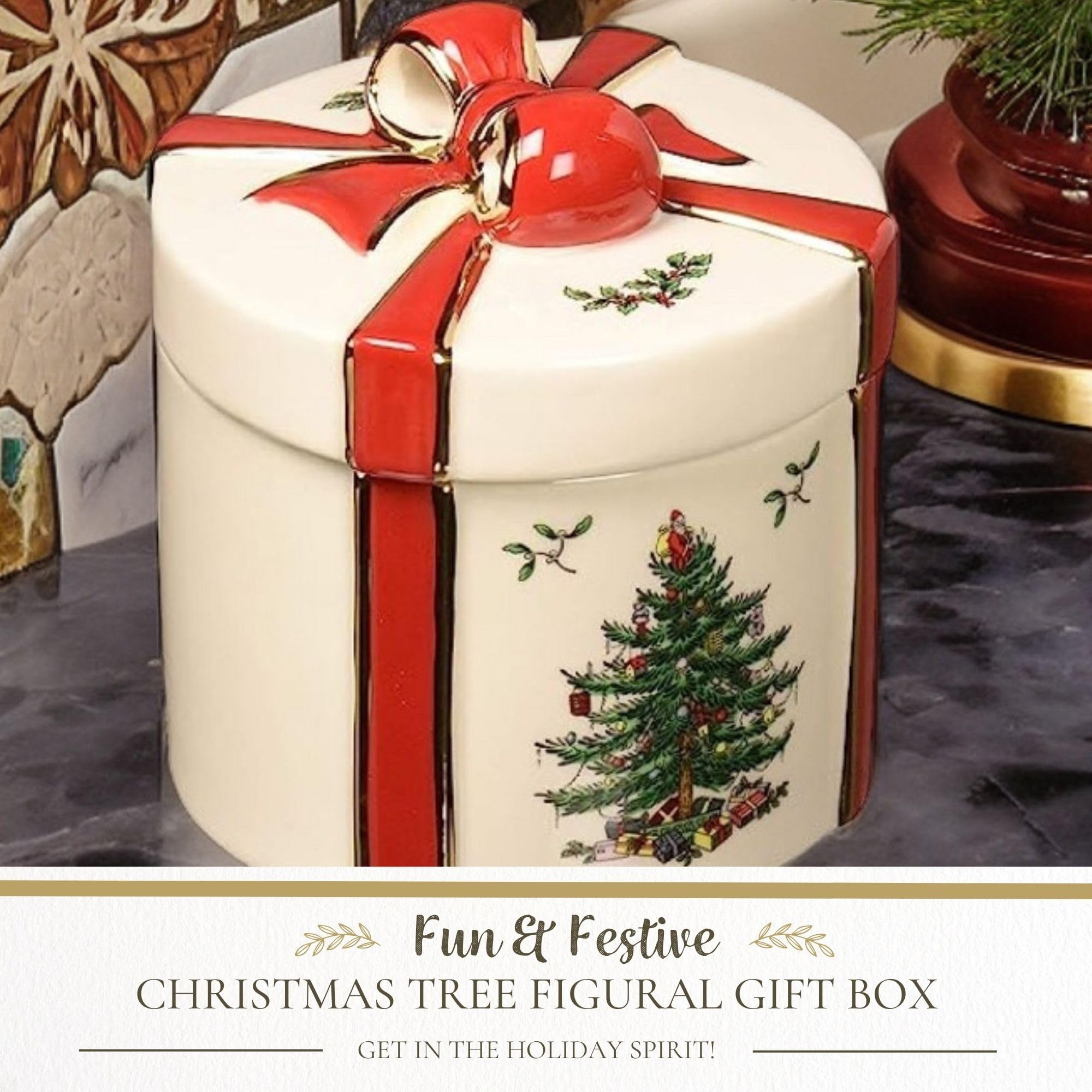 Spode Christmas Tree Gift Box Figurine, 4" Christmas Centerpiece with Red Ribbon & Gold Trim - Fine Earthenware for Holiday Home Decor, Festive Table Collectible & Winter (Small)