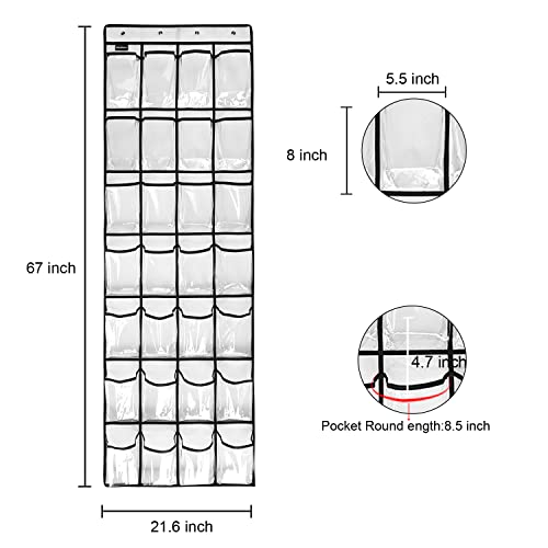 TidyMaster 28 Large 2 Pack Transparent Pockets Over The Door Shoe Organizer Sturdy Hanging Shoe Rack for Door Closet Sneakers or Accessories, 8 hooks(White)