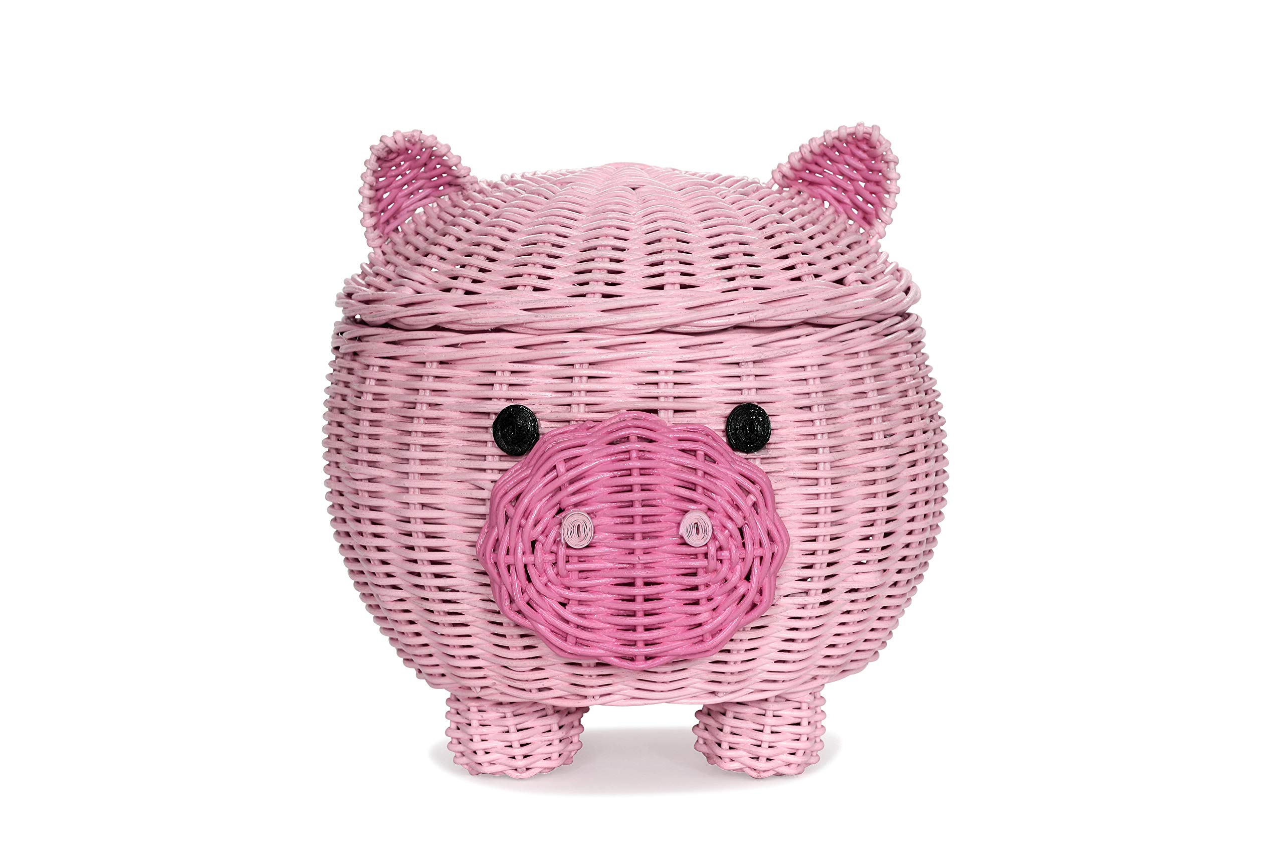 G6 COLLECTION Pig Rattan Storage Basket with Lid Decorative Bin Home Decor Hand Woven Shelf Organizer Cute Handmade Handcrafted Nursery Gift Animal Decoration Artwork Wicker Pink Piggy (Large)