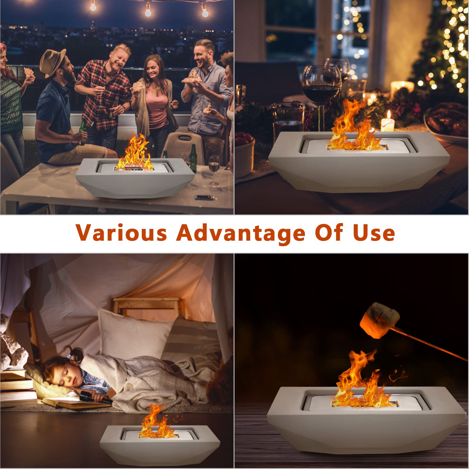 HIOSTAO Tabletop Fire Fit 12.6 Inches Smokeless,Portable Concret Bow Rubbing Alcohol Fireplace with 2 Fuel Tanks for Indoor Table and Outdoor Patio