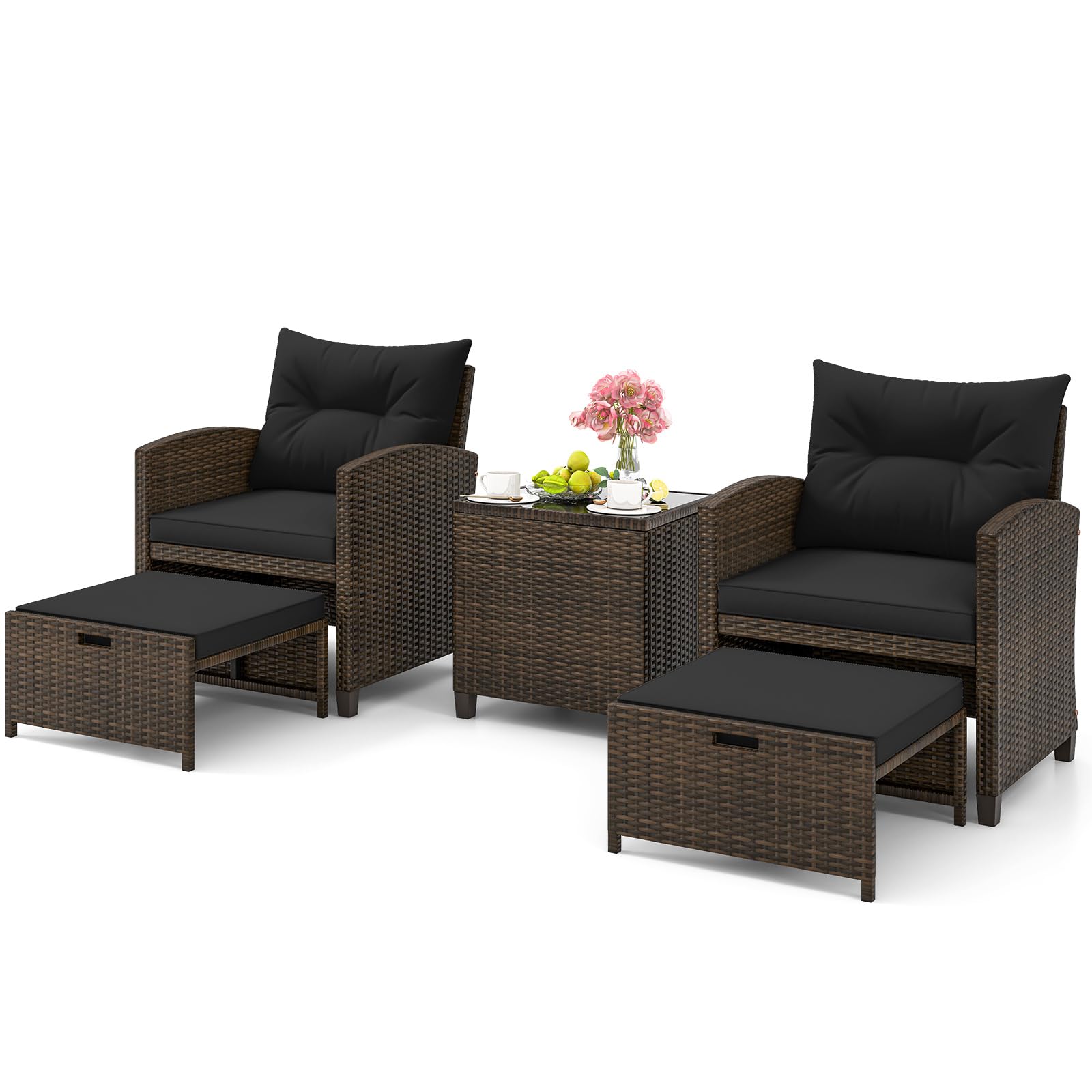 ORALNER 5 Pieces Patio Furniture Set with Ottoman, Wicker Conversation Set w/Cushions, Glass Coffee Table, Outdoor Rattan Lounger Chairs Bistro Set for Porch Balcony Garden Deck Poolside (Black)