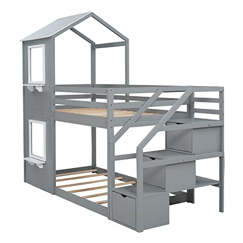 LOVMOR Twin Over Twin Bunk Bed with Storage Stairs,Wood Bed with Roof, Window, Guardrail, Ladder,Gray+White