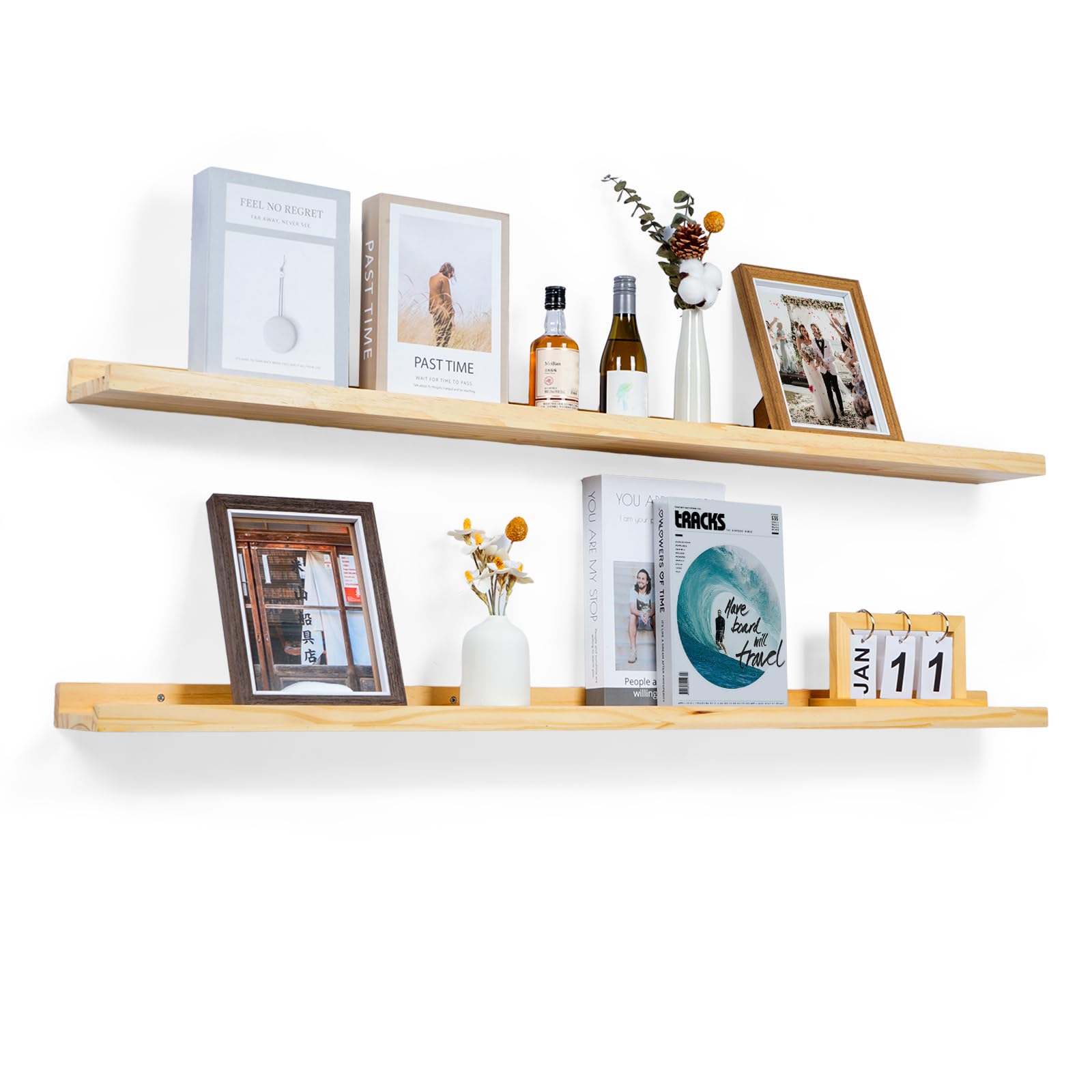 tonchean Floating Shelves 49 inch Pine Wooden Shelf with Ledge, 2 Pcs Long Floating Shelf with Lip for Wall, Picture Shelf for Living Room Bedroom Kitchen