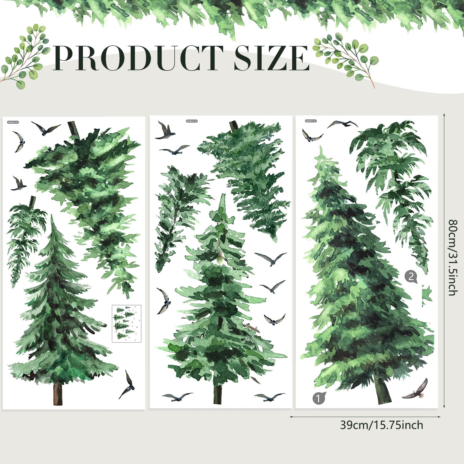 Qilery Watercolor Pine Tree Wall Decals Large Tree Wall Sticker Peel and Stick Forest Wall Decal Woodland Branch Birds Wall Sticker Christmas Tree Wall Stickers for Bedroom Living Room (Classic Style)