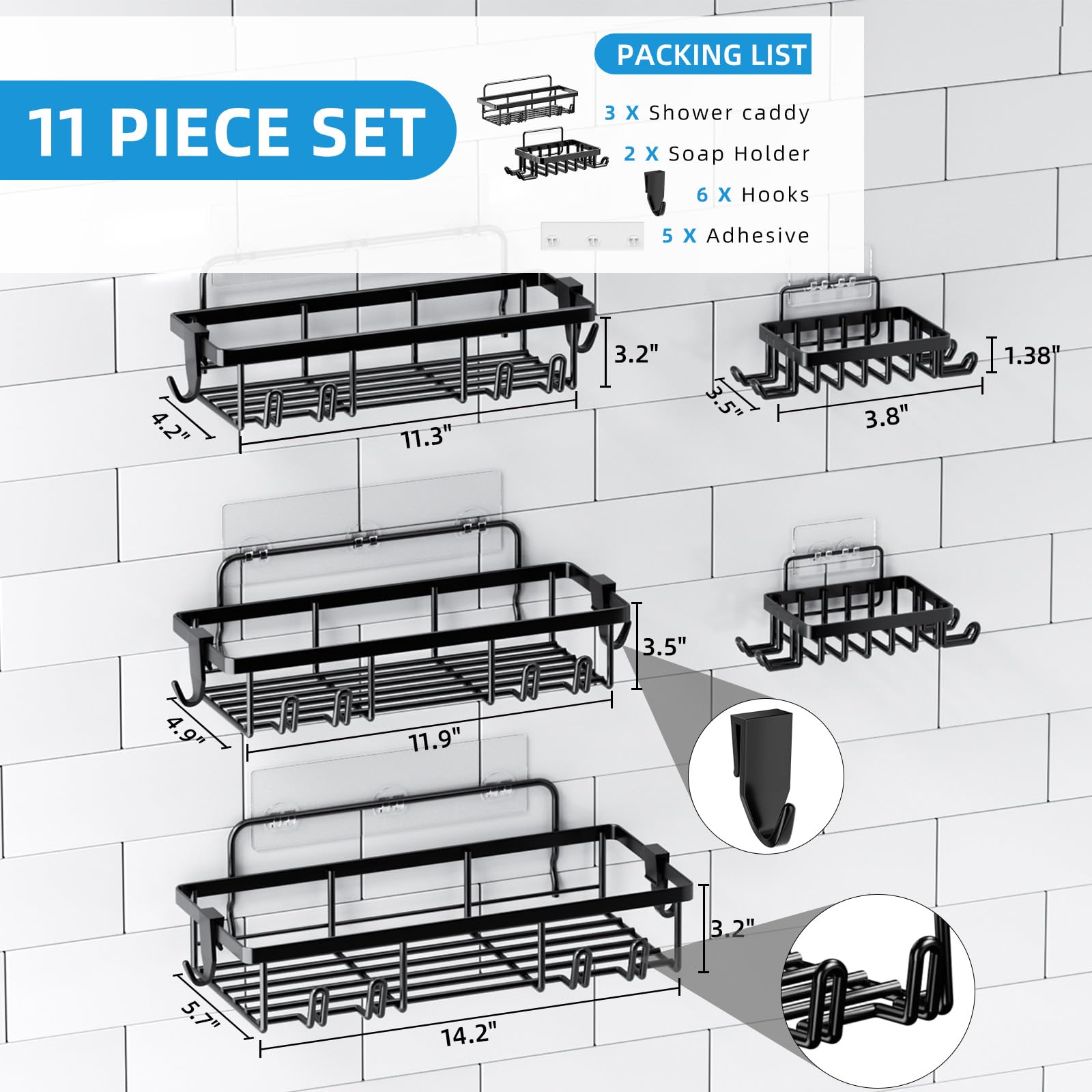 PLEDDANIO Adhesive Shower Caddy - 5 Pack Shower Shelf for Inside Shower, No Drilling Shower Rack with Hooks, Large Capacity Bathroom Accessories Organizer, No Drilling Wall Mounted Rack