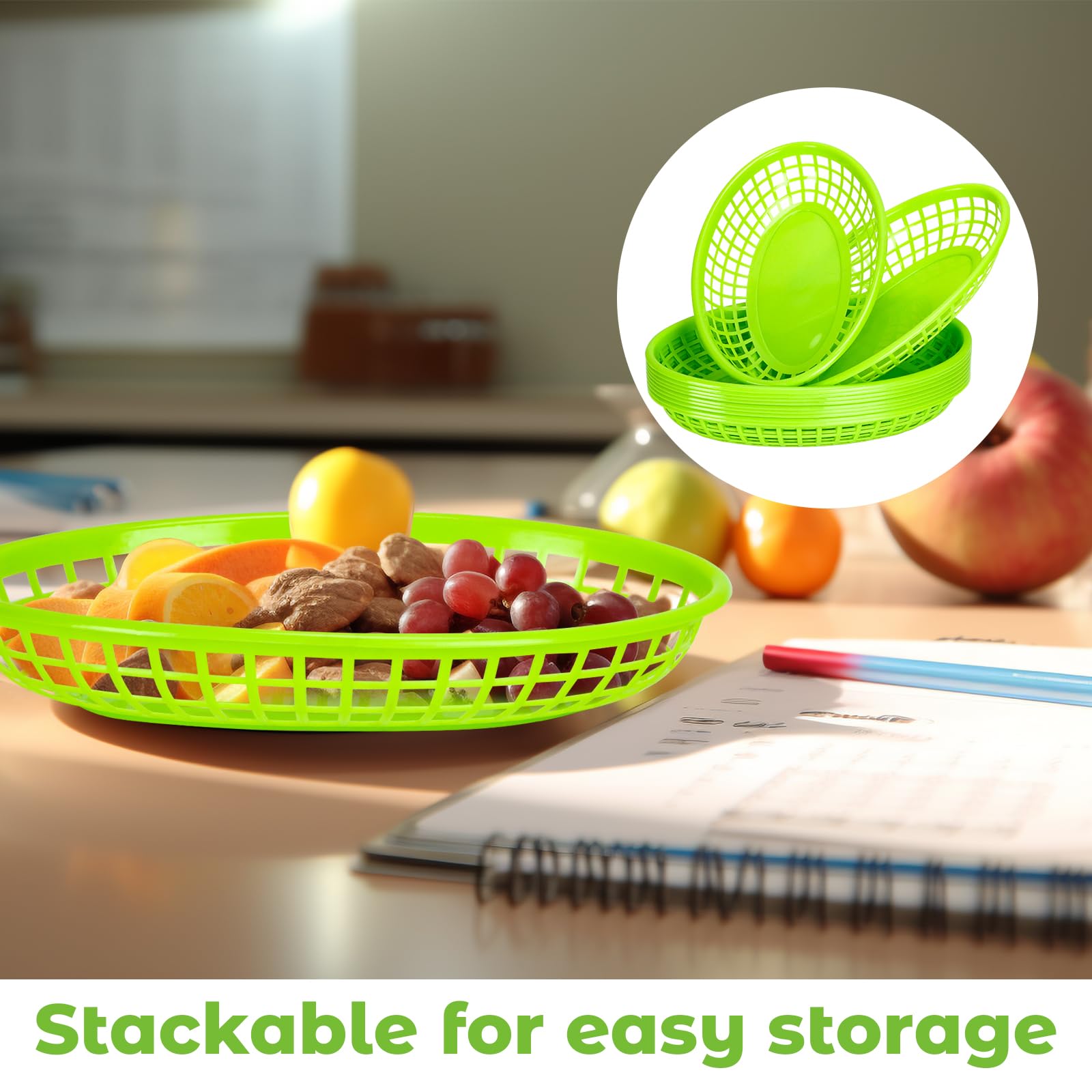 GothaBach 24 Pack Fast Food Baskets, Plastic Fast Food Restaurant Baskets, Bread Fry Baskets Serving Tray for Hot Dogs, Chicken, Burgers, Sandwiches, Fries(Green)