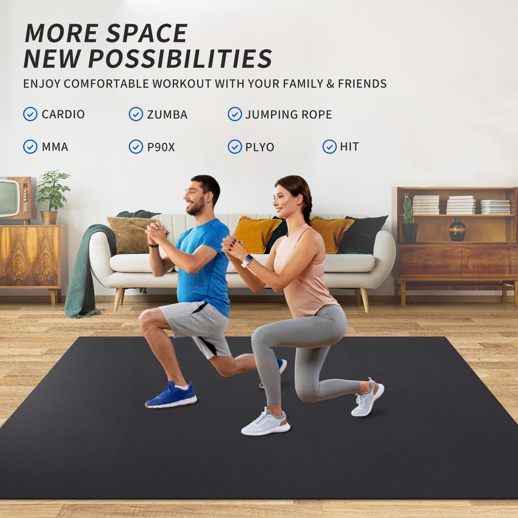 Extra Large Exercise Mat 9' x 6' x 7mm, High-Density Workout Mats for Home Gym Flooring, Non-Slip, Extra Thick Durable Cardio Mat, Ideal for Plyo, MMA, Jump Rope - Shoe Friendly Black