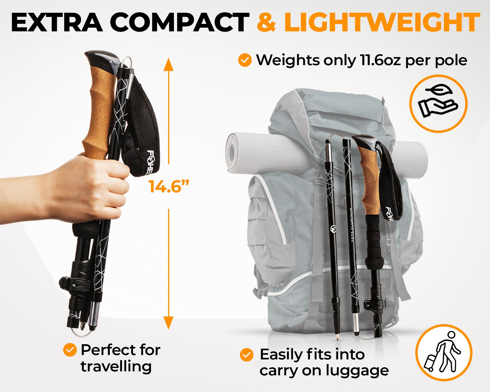 Foxelli Folding Trekking Poles – 2-pc Ultra Compact Hiking Poles for Men & Women, Lightweight Strong Aluminum 7075 Collapsible Foldable Walking Sticks with Flip Locks, 4 Season All Terrain Accessories