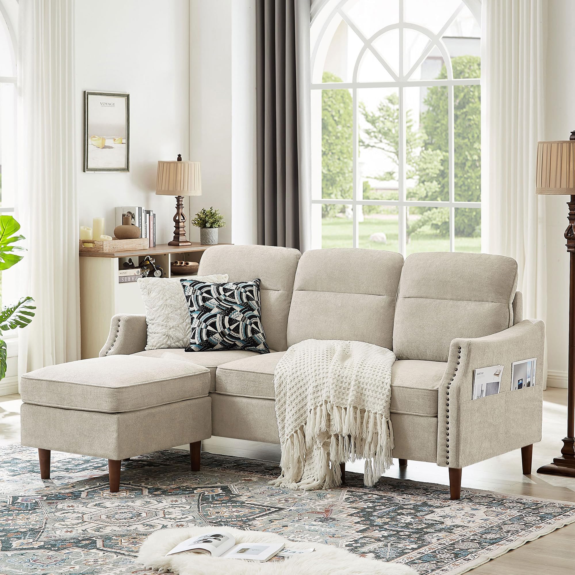 Pingliang Home Convertible Sectional Sofa, 3 Seat L-Shaped Couch with Ottoman and Storage Pocket, Modern Microfiber Sectional Couches for Living Room Apartment