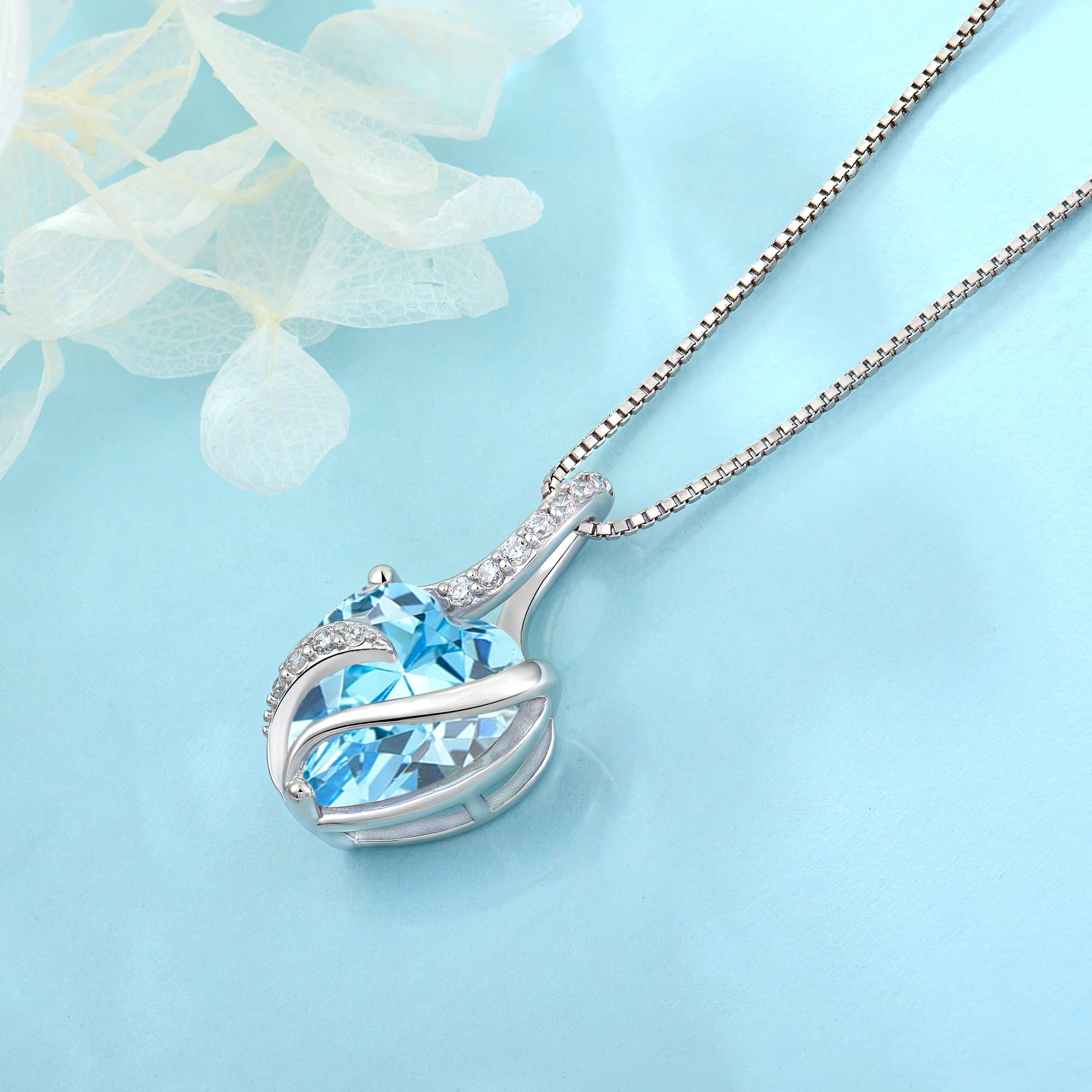 FJ Heart Infinity Birthstone Necklace, Sterling Silver Heart Pendant Created Gemstone Dainty Jewelry, Sterling Silver, Cubic Zirconia