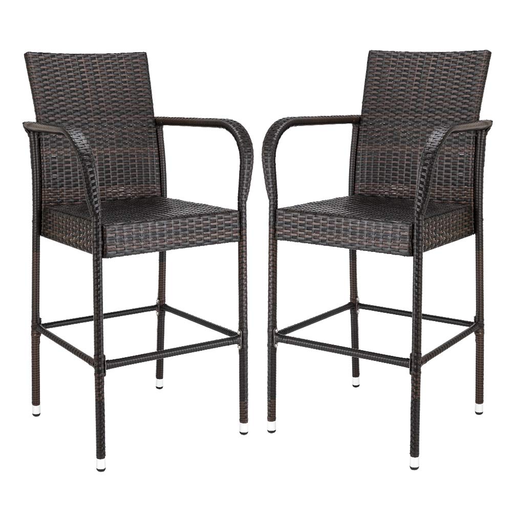VINGLI Wicker Bar Stools Outdoor Set of 2, Outdoor Bar Height Chairs, Patio Furniture Bar Stools Wicker for Garden Pool Lawn Backyard