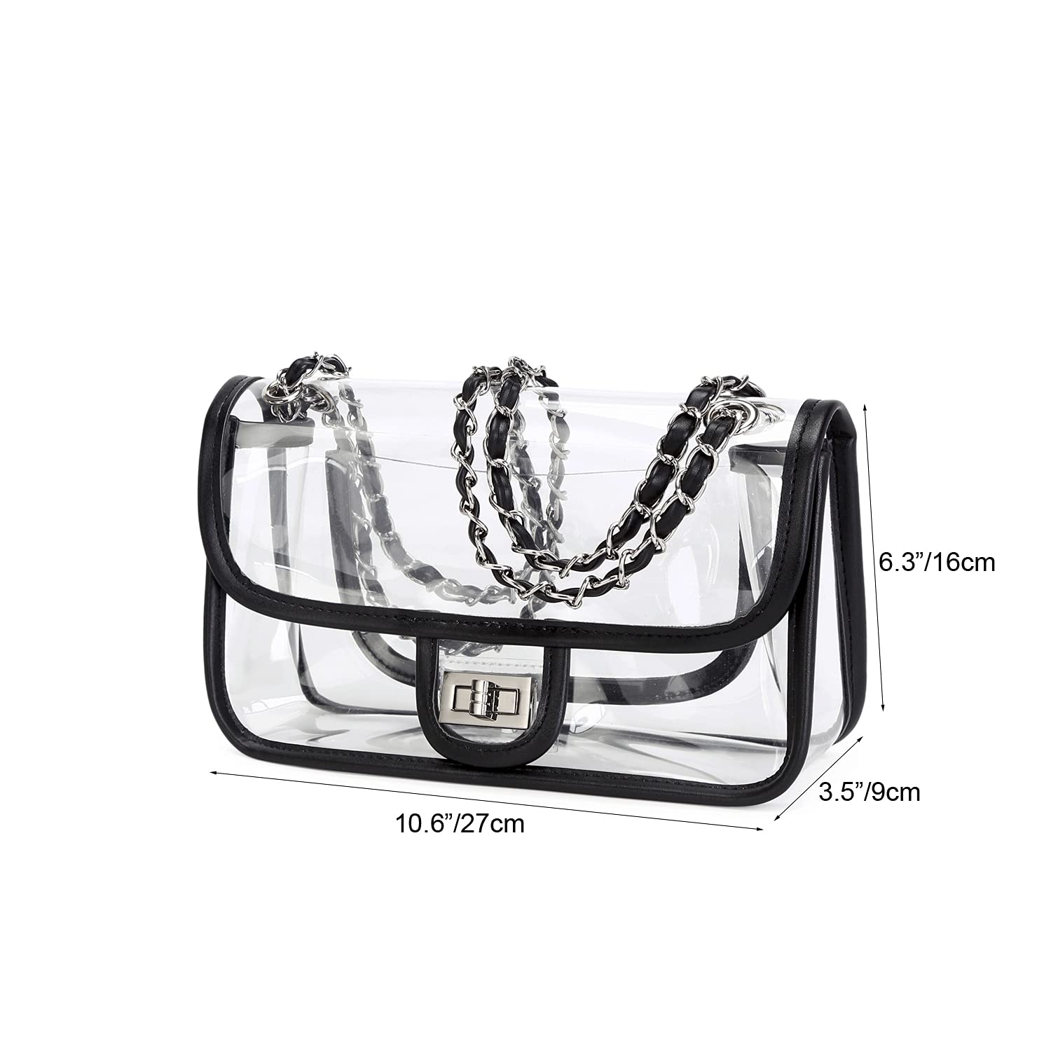 LAM GALLERY Womens PVC Clear Purse Handbag with Chain Stadium Approved Clear Bag See Through Bag for Working and Concert (Black Gold Large)