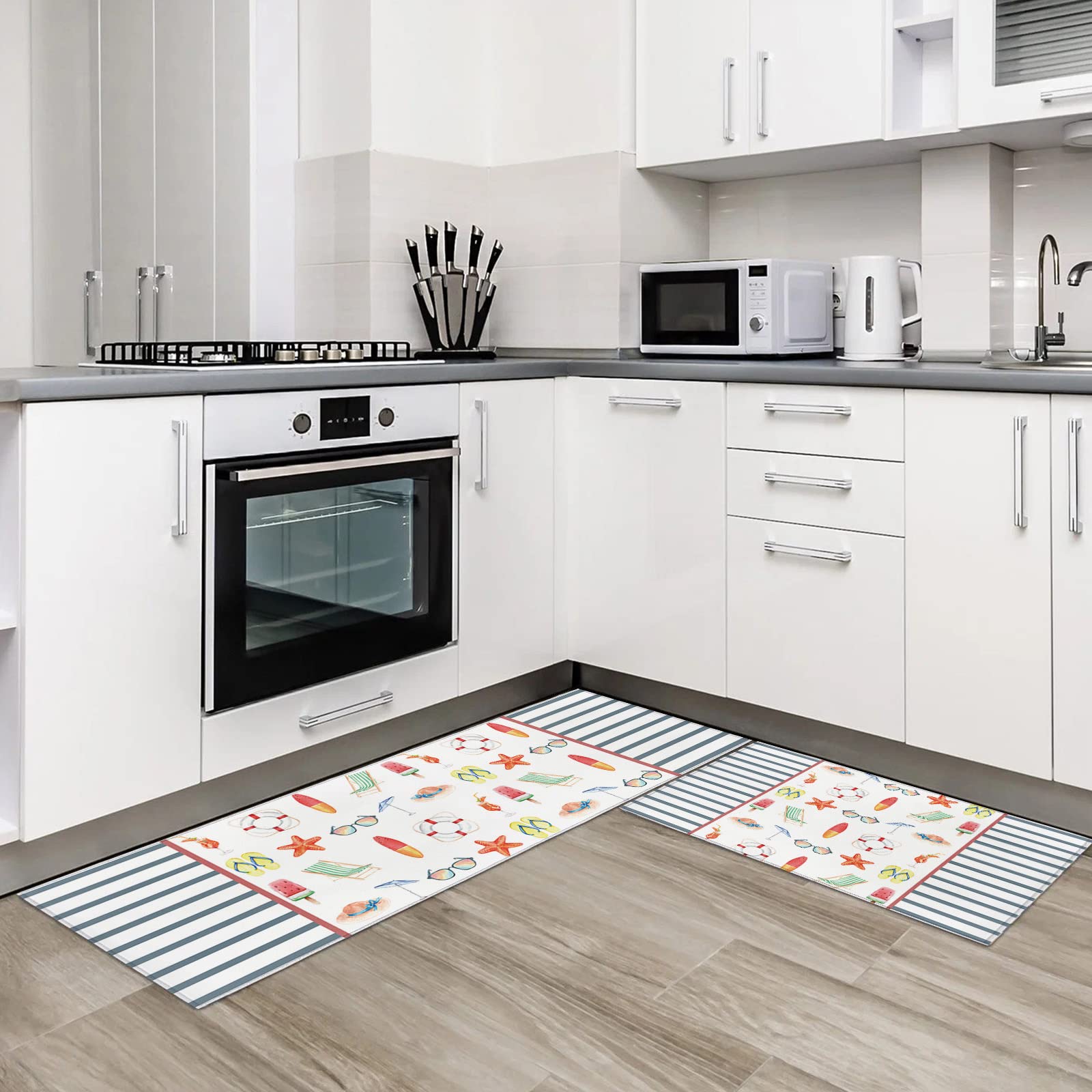 IDOWMAT Kitchen Rug Sets of 2 - Absorbent Non-Slip Kitchen Mats Navy Blue Stripes Beach Swim Ring Ice Cream Sunglasses Floor Comfort Mats Doormat for Kitchen Office Laundry 15.7x23.6in + 15.7x47.2in