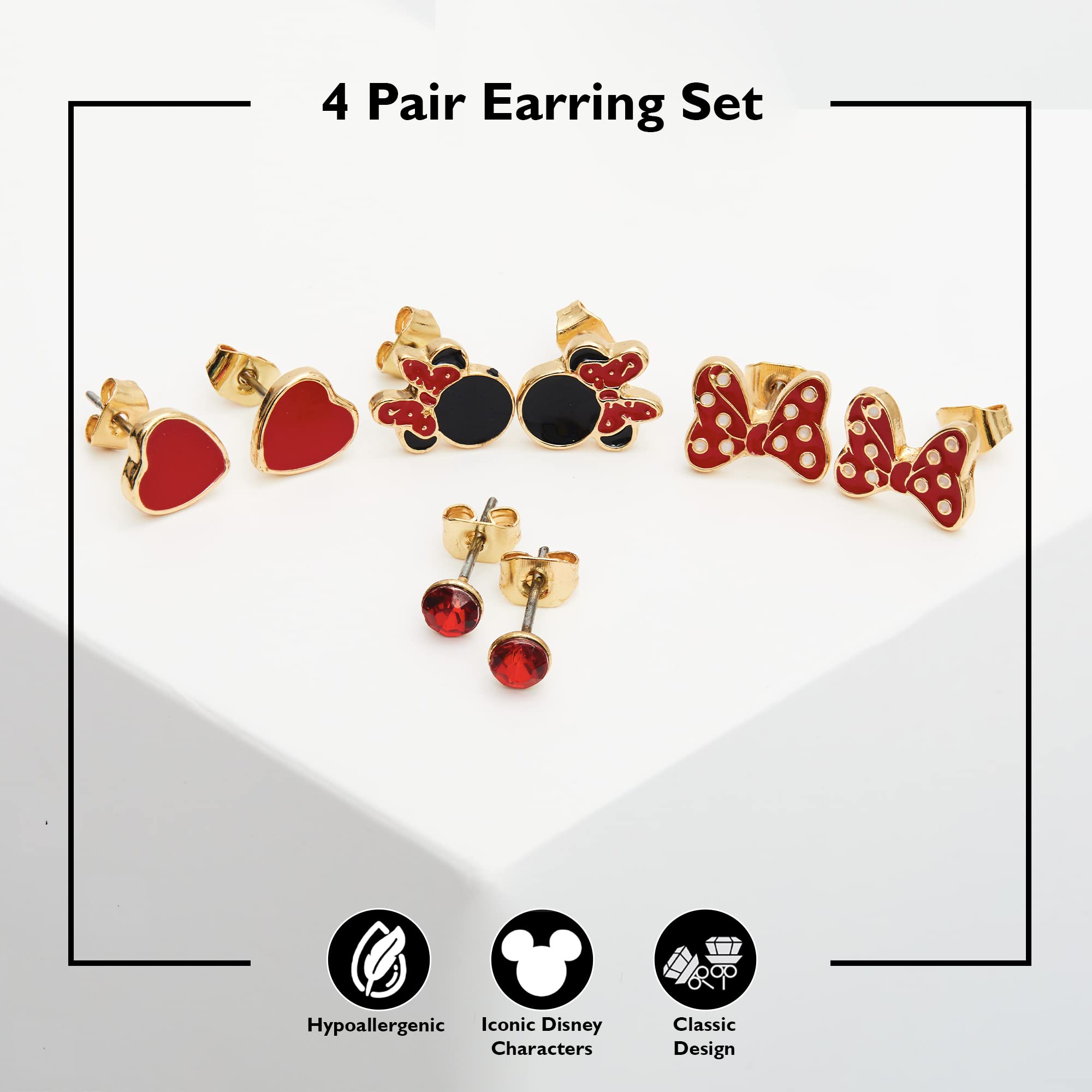 Disney Minnie Mouse Girls Earrings 4-Pack Official License, Red Crystal and Enamel-Plated Stud Earrings for Girls