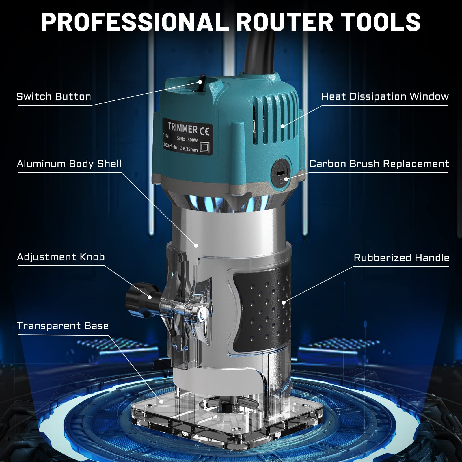 TwoWin Router Tool, 110V 800W Compact Wood Router Tool for Woodworking, Electric Hand Trimmer 1/4" Collets Palm Wood Router Tools Laminate Trimmer + Tungsten Carbide Router Bits 15-Piece Set