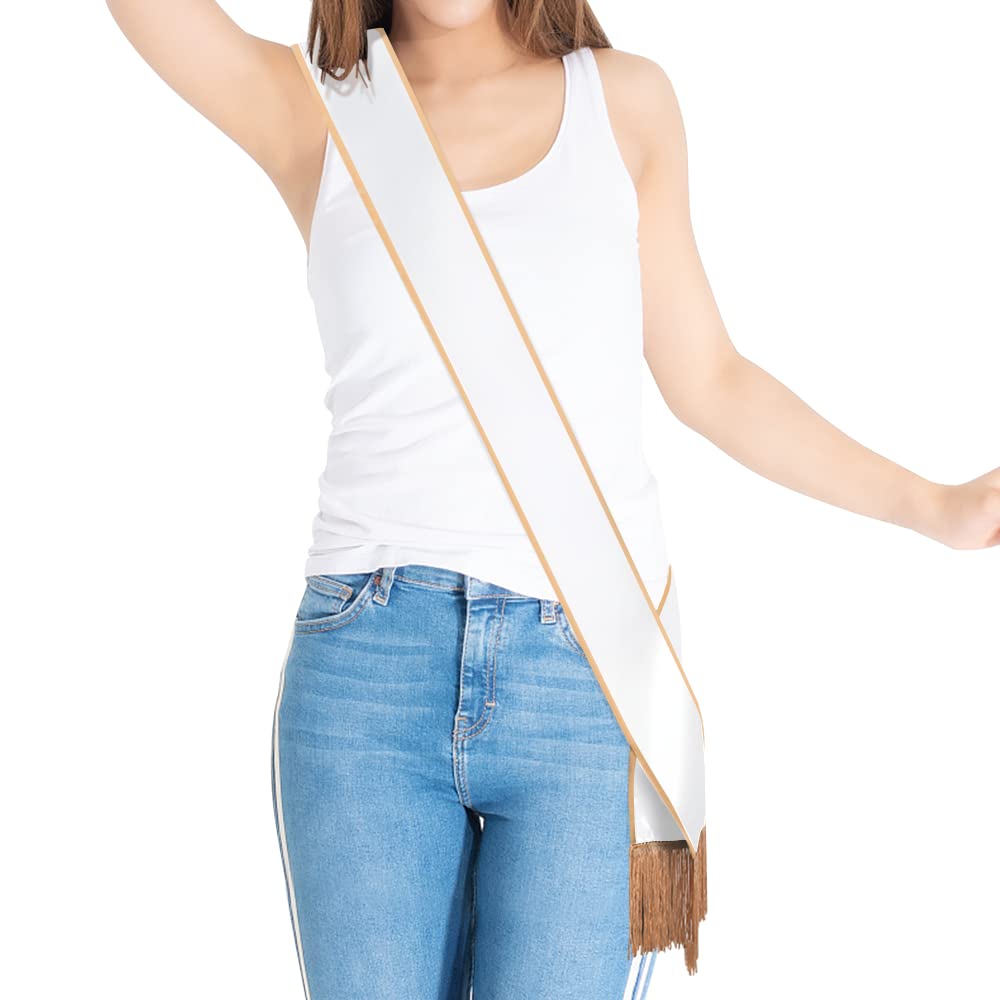 Party to Be Plain Sash with Tassels Blank Satin Sash for Adults 3.9" Wide x 74.8" in Total Length (White with golden border)