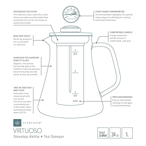 Teabloom 2-in-1 Tea Kettle and Tea Steeper - Glass Teapot with Thermometer and Stainless Steel Loose leaf Tea Infuser, No Whistle Kettles, Virtuoso 34-Ounce Tea Maker
