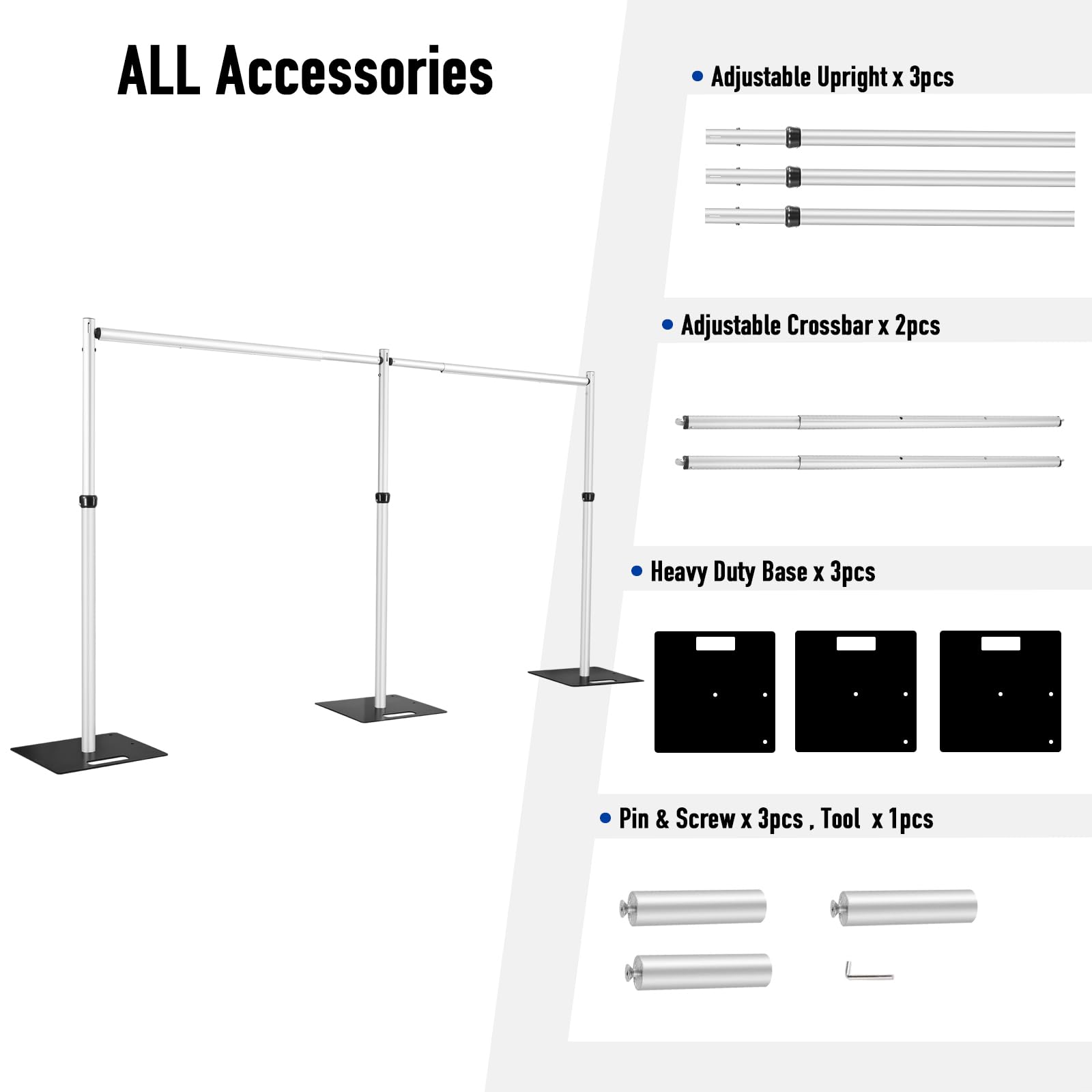 Hecis, Portable Pipe and Drape Backdrop Stand with Crossbar, Adjustable Backdrop Kit for Event, Party, Trade Shows and Wedding Decor, 10FTX20FT Backdrop Frame