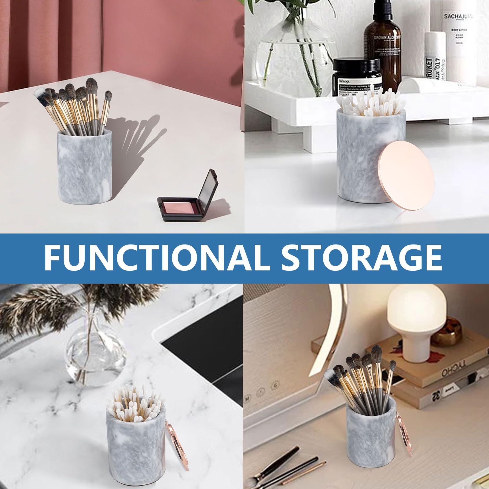 MARBBNEST Marble Storage Container with Metal Lid, Functional Organizer for Makeup Brushes, Cotton Swabs, and Accessories - Elegant Countertop Solution (White)