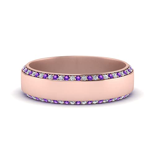 Gemsonclick 6 MM Eternity Band For Men rose gold plated Natural Amethyst Round shape purple color Mens Wedding Bands pave Setting in Size 6 Special Gift for Women, Girls and Ladies