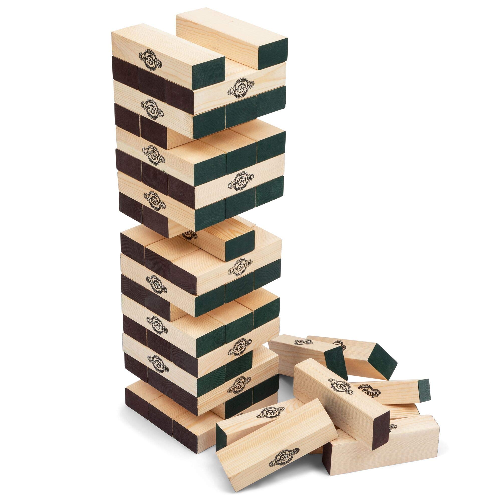 Lancaster Gaming Company Giant Oversized Wooden Jumbo Tumbling Tower Outdoor Game for Tailgating, Camping, 54 Pieces, Black & Pine