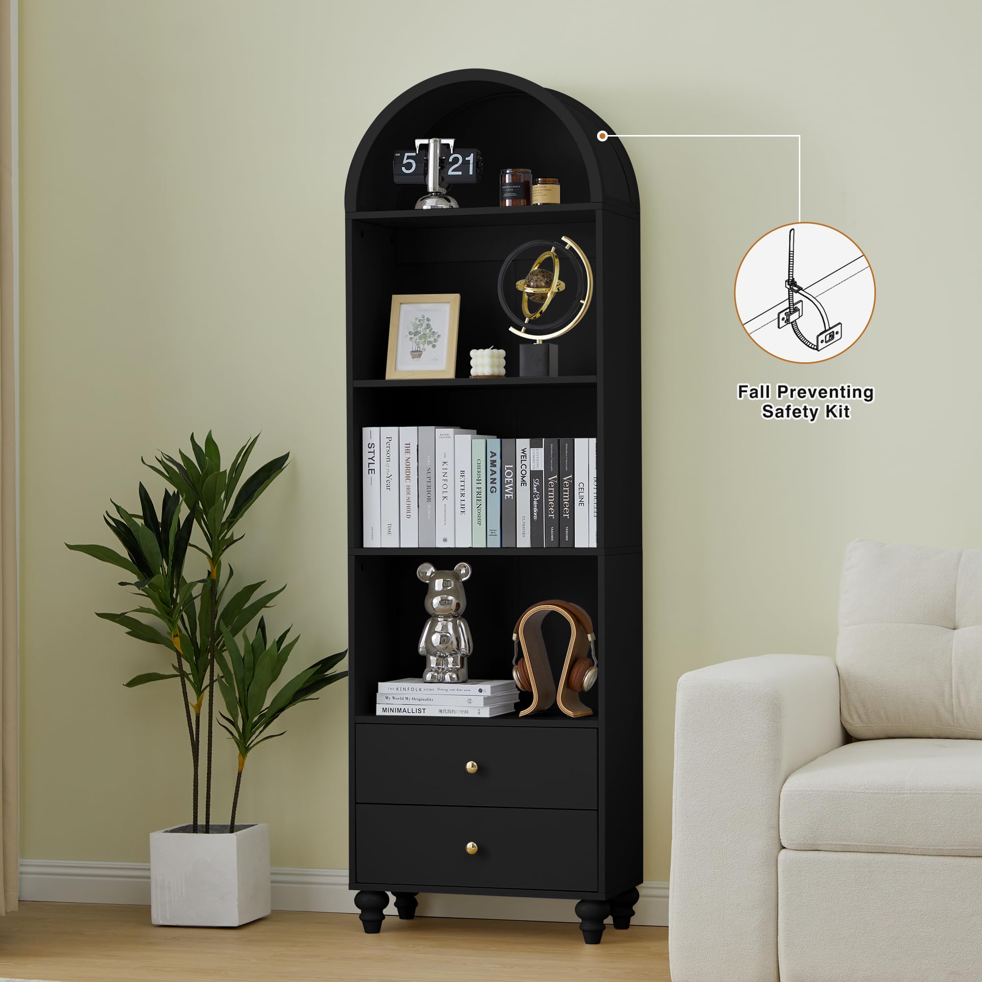 NVETHM 75.59" Tall Bookcase, 4 Tier Arched Bookshelf with 2 Drawers, Modern Book Display Storage Cabinet for Living Room, Bedroom, Reading Room, Home Office (Black)
