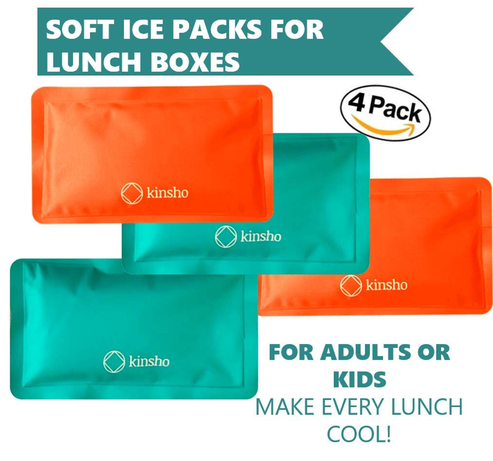 kinsho Ice Pack for Kids Lunch Box, Bag and Bento Boxes, 4 Pack Set, Reusable and Refreezable Soft Slim Pouches for Travel, School, Work or Camping, Long Lasting Cold, Flexible | Aqua Orangeā¦