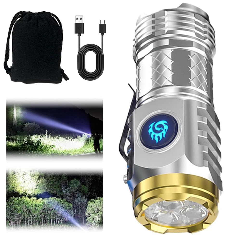 Three-Eyed Monster Mini Flash Super Power Flashlight, German Thumb Sized Flashlight, 3 Eyed Monster Mini Flashlight, Outdoor Small High Lumen Rechargeable Waterproof Pocket Flashlight (Silver)