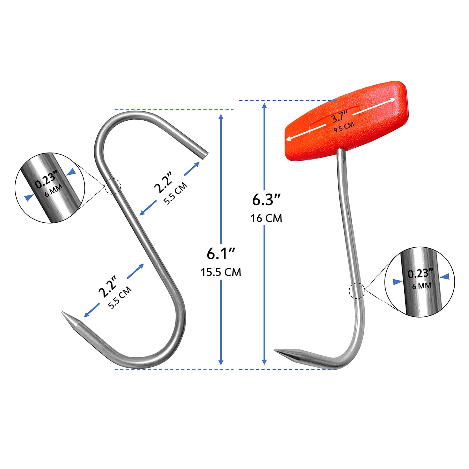 QMARK Stainless Steel Meat Hooks Set, 5 PCS (2T+3S), 6 Inch Heavy Duty Butcher Shop Tool Kit for Deboning, Boning, Slicing, Hanging, Home & Professional Use