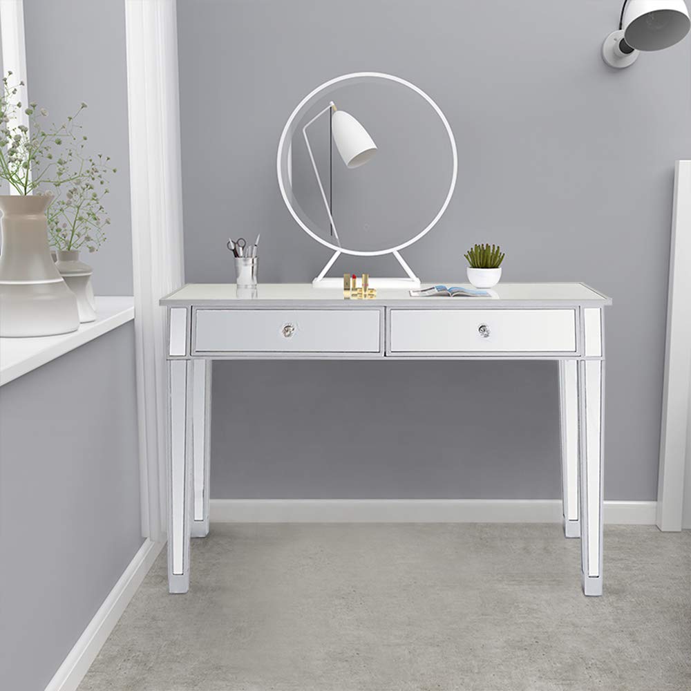 Goujxcy Mirrored Makeup Table Desk,Home Office Smooth Silver Finish Vanity Dressing Table for Women with 2 Drawers Writing Desk Modern Media Console Table