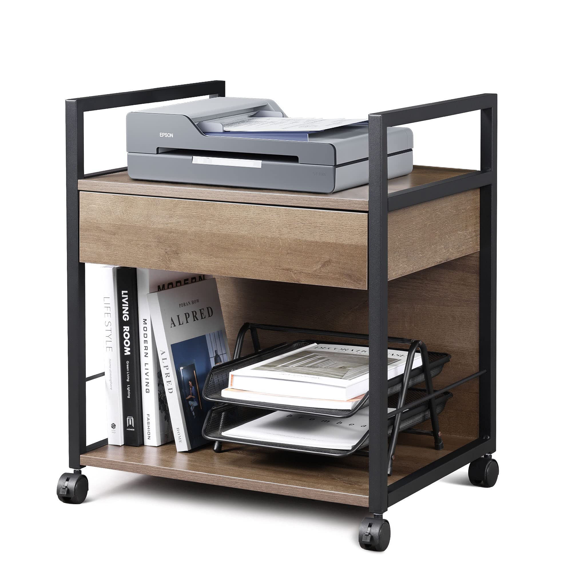 DEVAISE Mobile Printer Stand with Storage Drawer, Modern File Cabinet Printer Cart for Home Office, Gray Oak