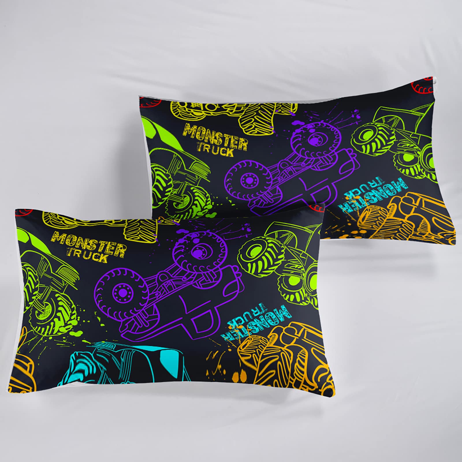 QOOMO Truck Comforter Set for Kids Teens Boys,Neon Truck Kids Comforter,1 Comforter with 2 Pillowcase, Microfiber 3 Piece Bedding Set,Soft and Lightweight(Black,Twin Size)