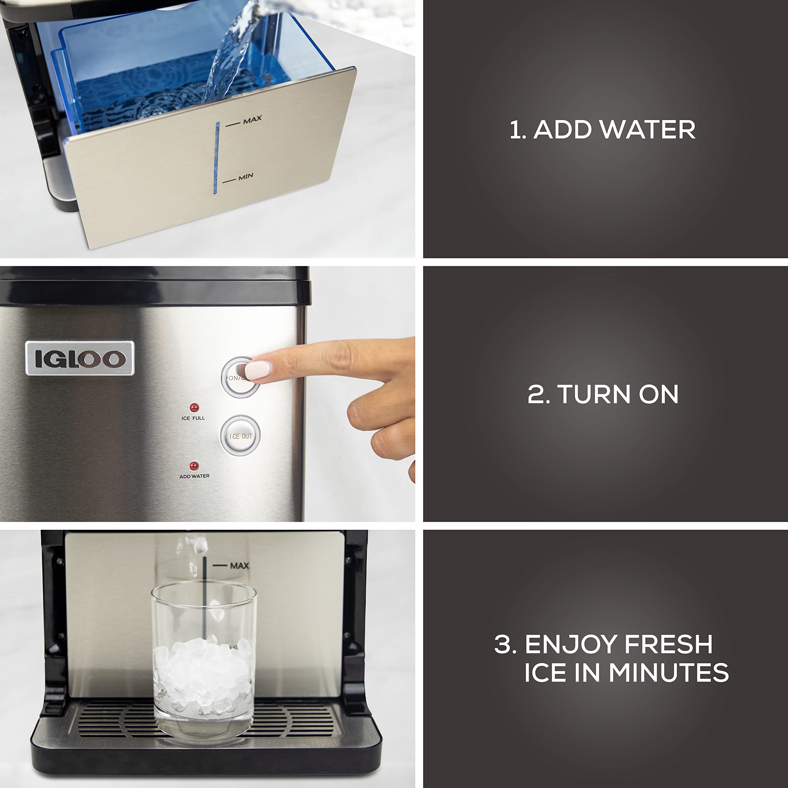 Igloo 40 LB Automatic Dispensing Nugget Ice Maker, Portable, Countertop, Stainless Steel, for Home Use, Makes Small Chewable Cubes for Cold Water, Soda, and Other Beverages