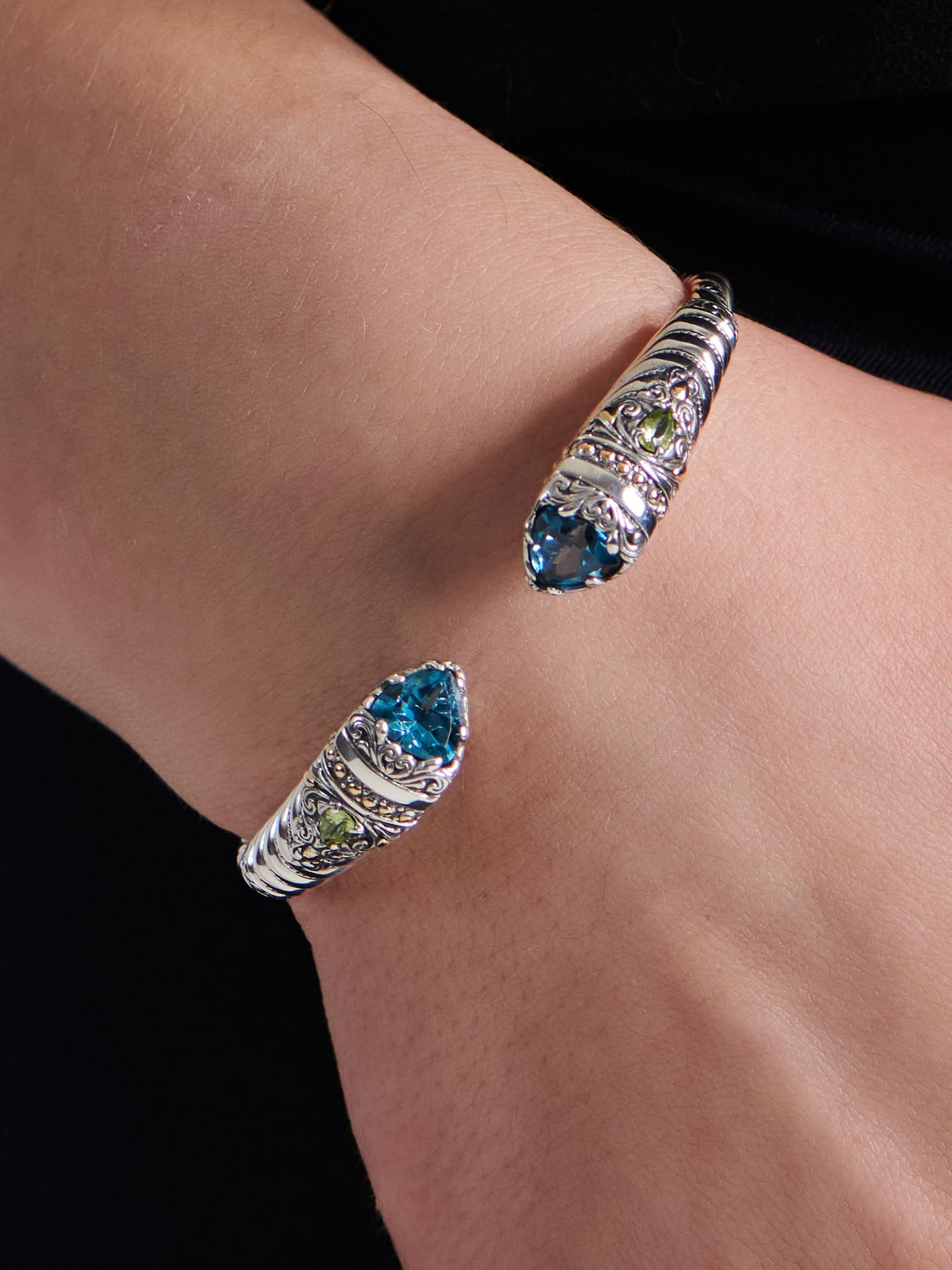 DEVATA Sterling Silver 925 and 18K Gold with Citrine and Peridot Bali Filigree Cuff Bracelet DHK3586CT (Size M)