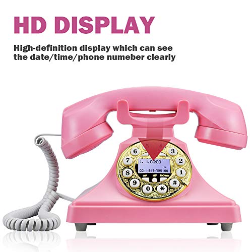 Pink Retro Landline Phone for Home, IRISVO Vintage Phone Old Fashioned Classic Desk Telephone with LCD Screen Display and Redial,Speaker, Push Button Dialing with A Rotary Look (Pink)