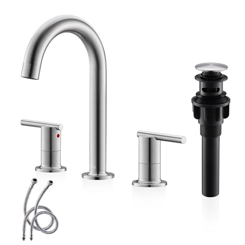 KENES Widespread Bathroom Faucet, Brushed Nickel 2 Handle 8 Inch Bathroom Sink Faucet, Bathroom Sink Faucet 3 Hole Lavatory Vanity Faucet with Pop Up Drain & Water Supply Hoses LJ-9018
