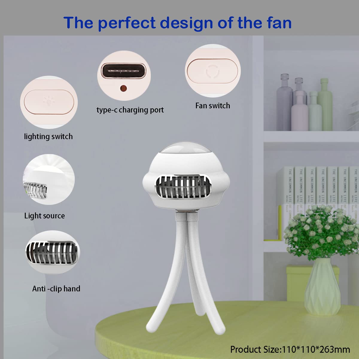HOMEXUP Portable Fan for Travel-Bladeless Fan with Flexible Tripod, Stepless Dimming Led Night Light Stroller Fan, Noise Reduction Technology Design, Suitable for Strollers, Car Seats, Cribs(white)