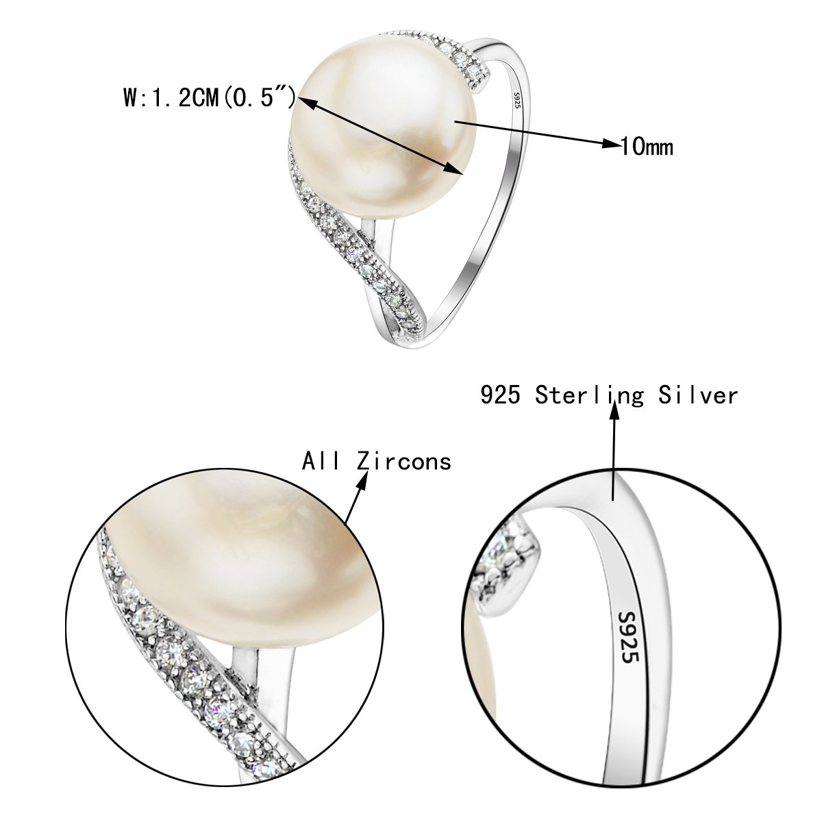 EVER FAITH 925 Sterling Silver Clear CZ 10MM AAA Freshwater Cultured Pearl Bridal Wedding Ring Size 8
