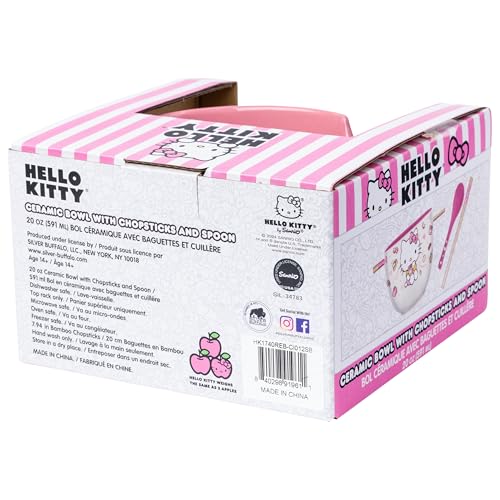 Silver Buffalo Sanrio Hello Kitty Apples and Cinnamon Ceramic Ramen Noodle Rice Bowl with Chopsticks and Spoon, Microwave Safe, 20 Ounces