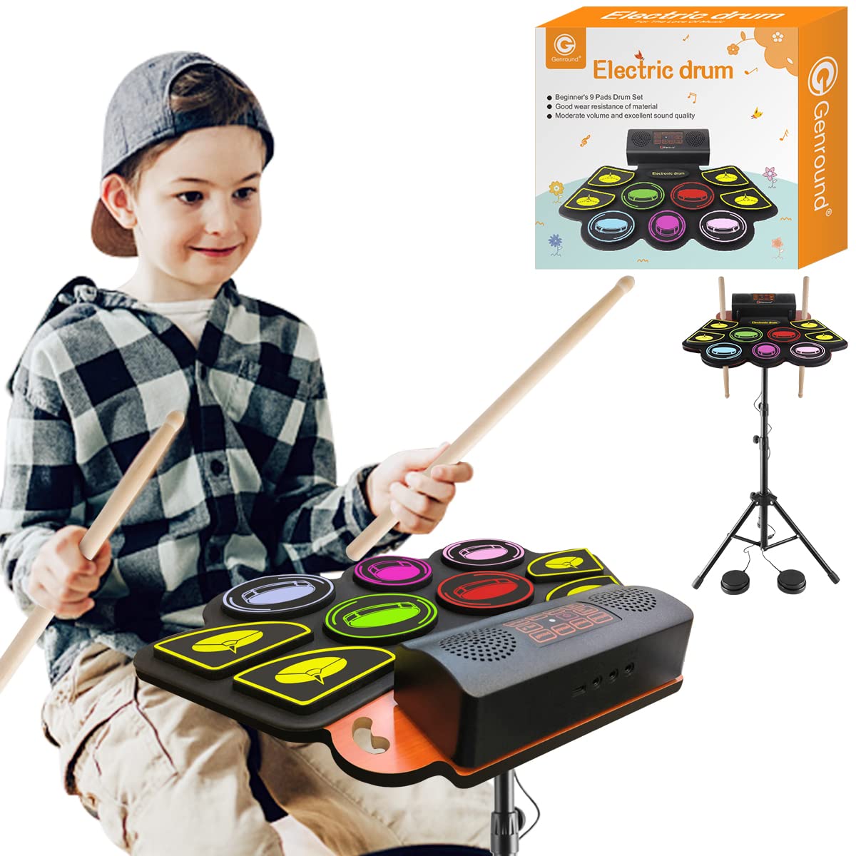Genround Electronic Drum Set, Kids Drum Set with Stand(9 Pads), with Music Recording, Drum Sticks, Drum Pedal, 10 Unique Rhythms, Bulit-in Double Speakers
