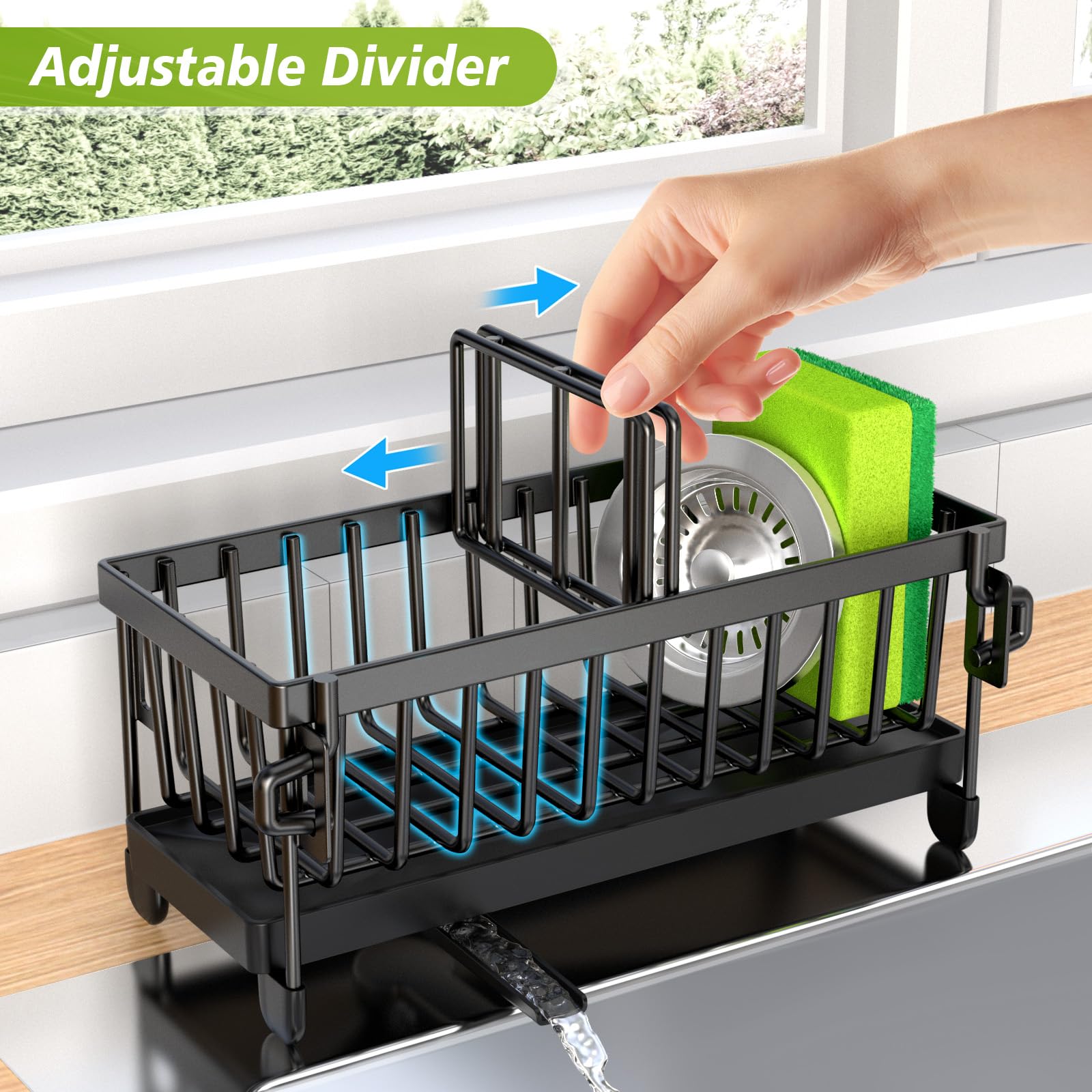 PKBD Kitchen Sink Caddy, Rustproof 304 Stainless Steel Sponge Holder for Kitchen Sink with Removable Drain Tray, Towel Holder and Brush Drainer Rack, Kitchen Organiser for Sink Tidy, Black