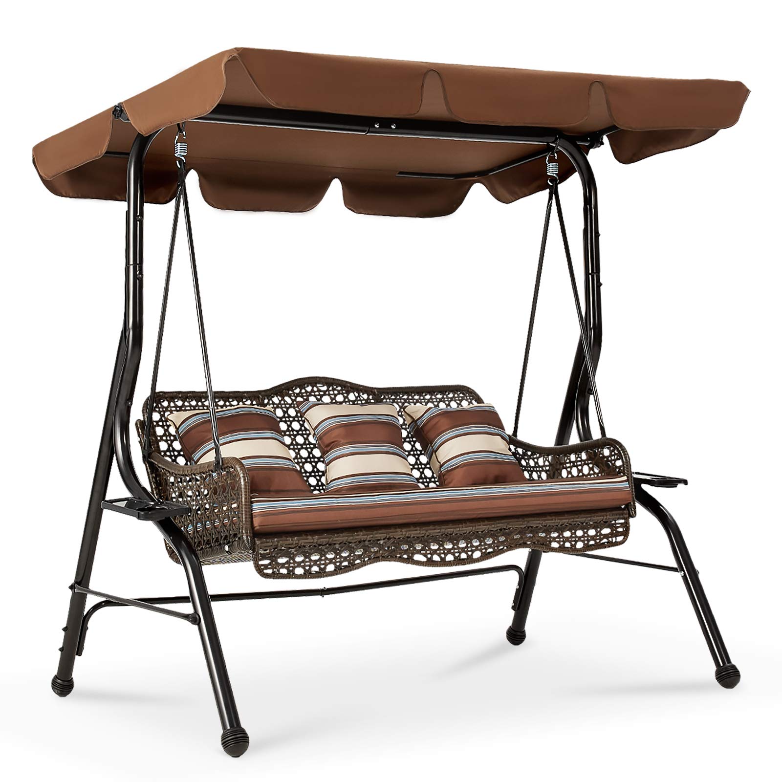 U-MAX 3-Seat Outdoor Patio Swing Chair, Large Converting Canopy Porch Swing Glider, Hammock Lounge Chair for Porch, Rattan Wicker Steel Frame Cushion & Pillow, Brown