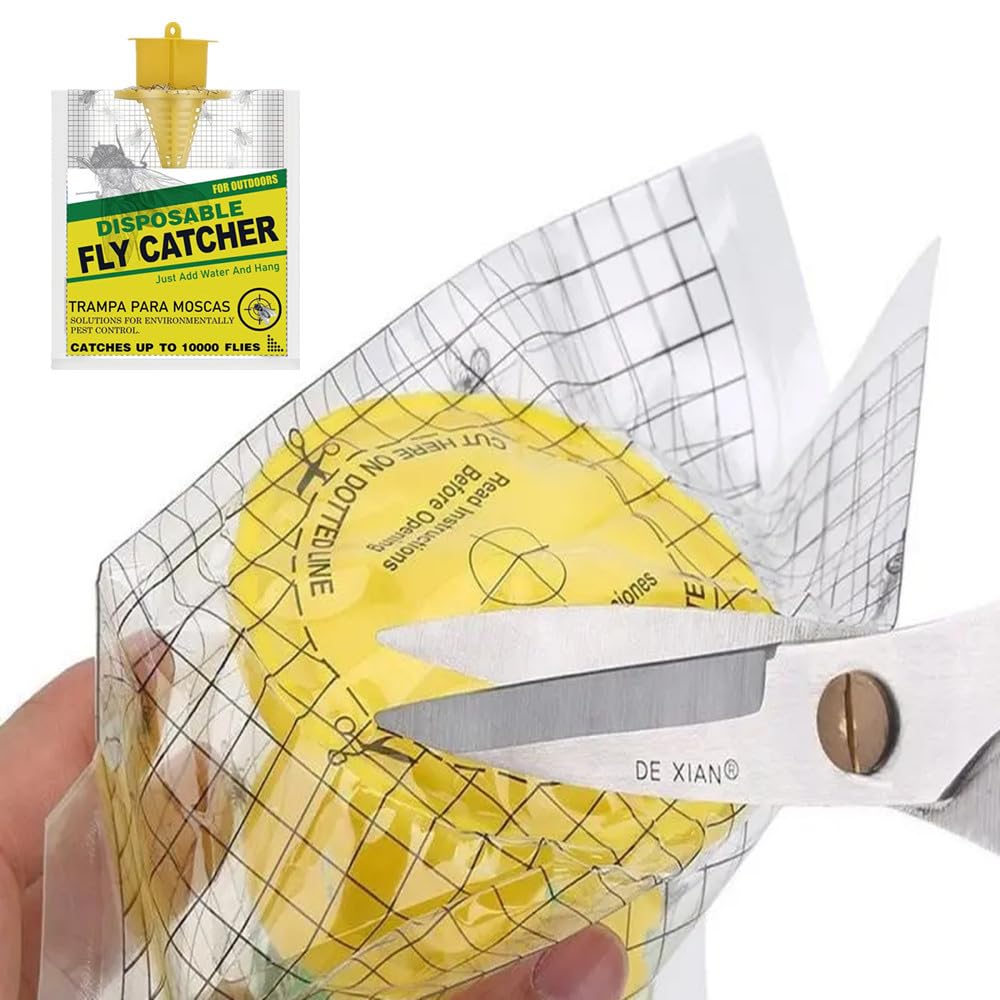 Outdoor Fly Traps 8 Pack with Adjustable Hanging Strings (8 PCS), Disposable Hanging Fly Traps with Natural Pre-Baited Bags | Effective Fly Killer for Backyard, Patio, Park or Farm Yellow